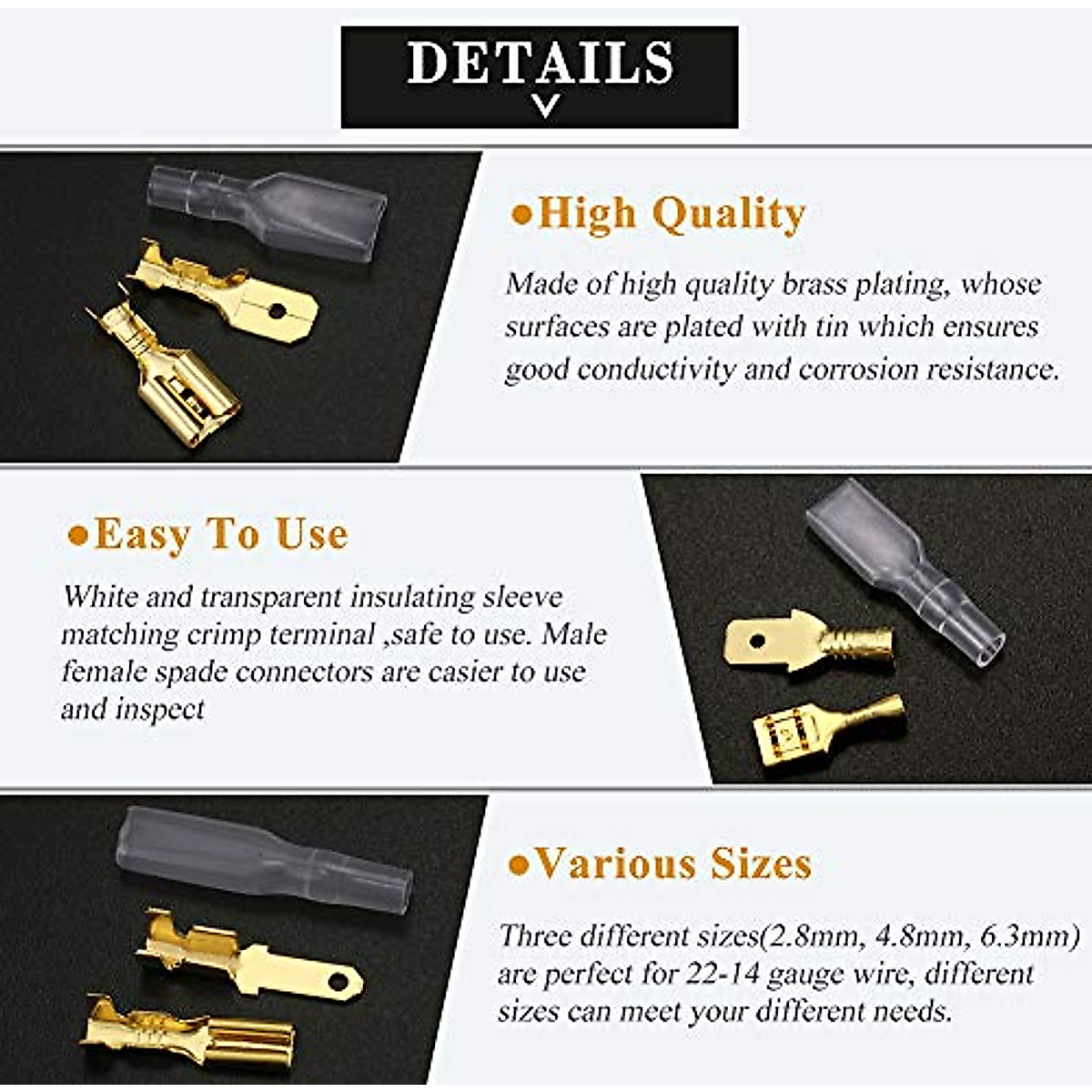 FIXITOK 480pcs Quick Splice 2.8/4.8/6.3mm Male Female Wire Spade Connector Wire Crimp Terminal Block with Insulating Sleeve Assortment Kit for Electrical Wiring Car Audio Speaker (Golden)