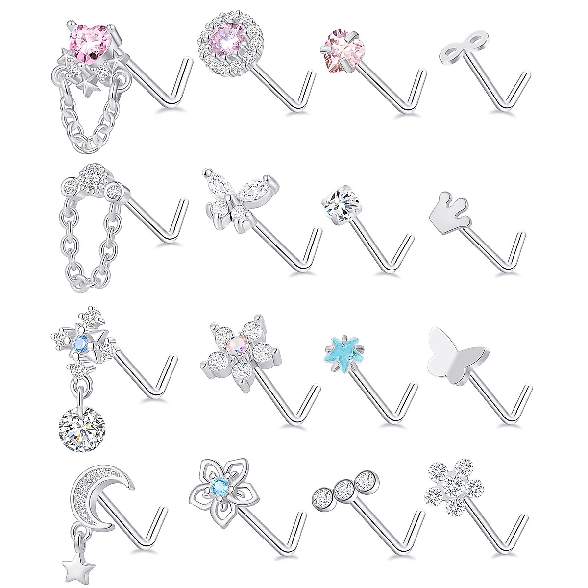 Tornito 16Pcs Dangle Nose Rings Stud L Shaped Cubic Zirconia Butterfly Heart Star Moon Flower Crown Assorted Shape Stainless Steel Nostril Piercing Jewelry for Women Men 20G Silver Tone