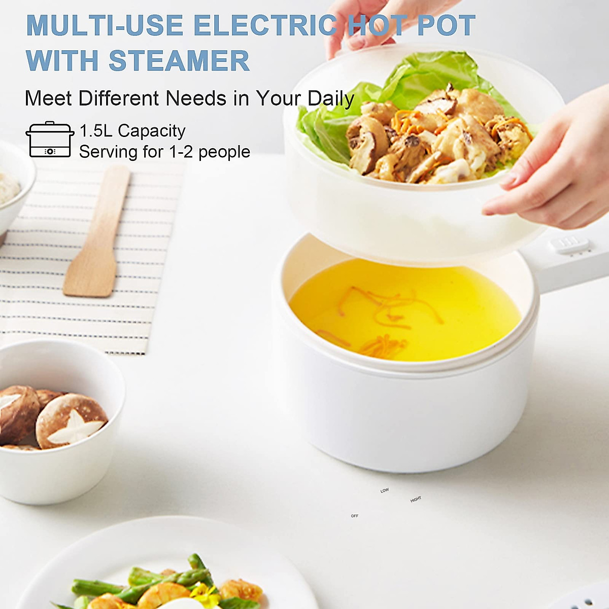 Olayks Electric Steamer for Cooking, 1.5L Ceramic Glaze Non-stick Pot, Dual Power Multi-functional Electric Cooker, Suitable for Steak, Pasta, Hot Pot, Ramen, Quick Heating and Overheat Protection