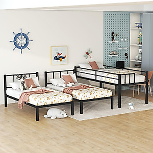 Triple Bunk Beds for 3 Twin Over Two Twin Metal Bunk Bed Frame Three Beds Bunk Bed with Storage Shelf for Kids Boys Girls Teens, Black