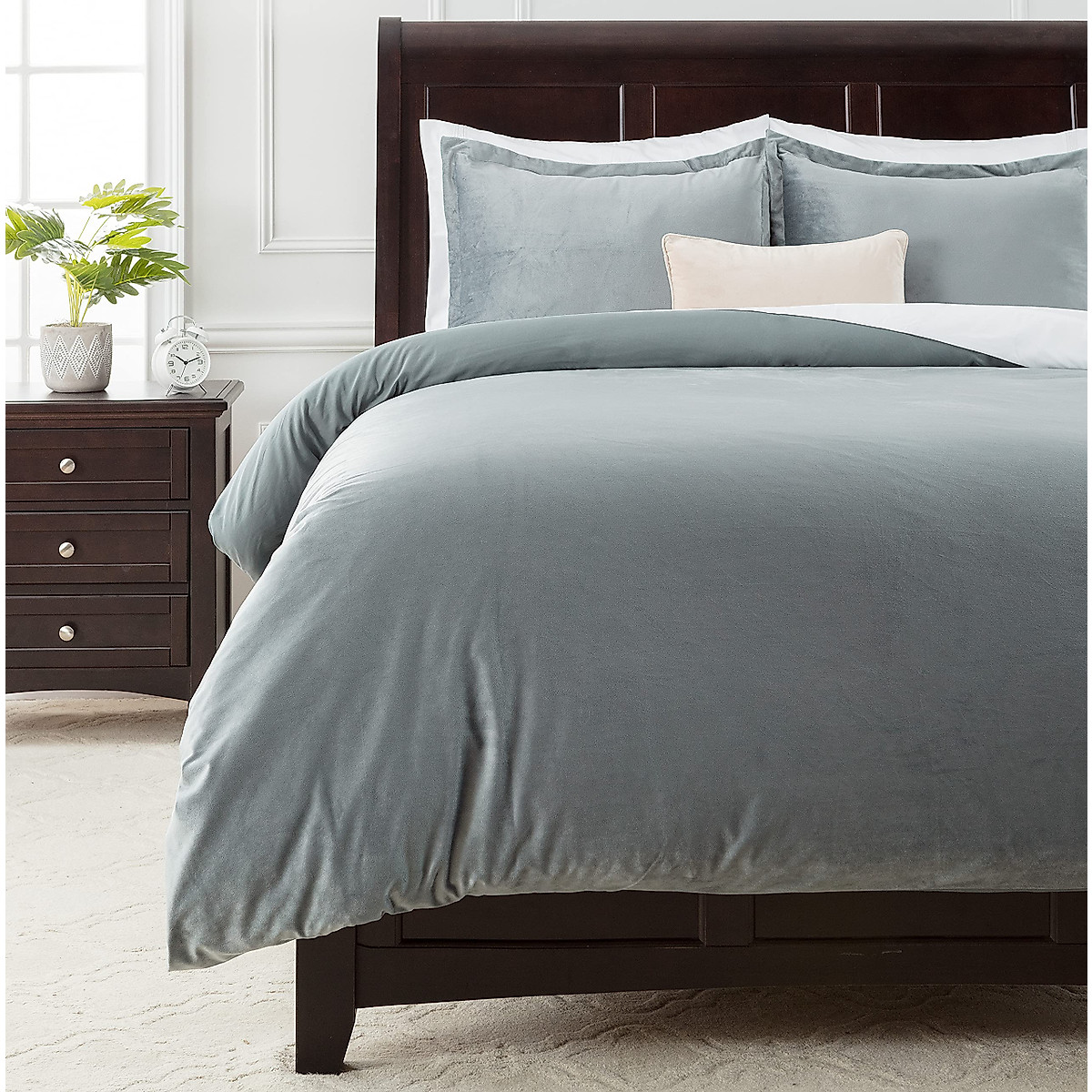 Chanasya Premium Velour Velvet Duvet Cover Set - Duvet Cover (104” x 90”) & 2 Pillow Shams (20” x 36”) - 3-Piece Set - Gray Blue, King Size