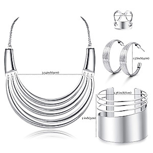 JOERICA Bib Choker Necklace Silver Jewelry Set Wide Cuff Bangle Bracelet Open Hoop Earrings Adjustable Ring Chunky Silver Statement Costume Jewelry Set for Women