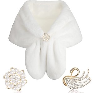 Geyoga Faux Fur Shawl Wrap Stole Shrug Winter Bridal Wedding Scarf Wrap with Faux Pearl Rhinestone Brooches for Women 1920s (White, Medium, Short Hair)