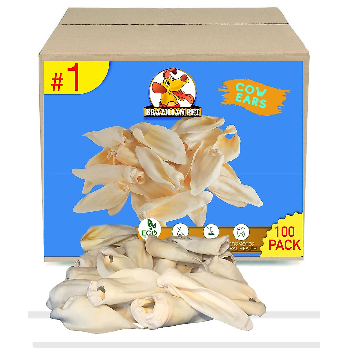 Brazilian Pet 100% Natural - Over 5 inches- Real Cow Ears Prime Dog Chews, Free Range Grass Fed Cattle (100 Count)