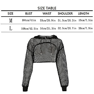 SIQITECHNO Womens Mesh Fishnet Long Sleeve Hoodie Drawstring Pullover Crop Top Hoodie Hollow Out Long Sleeve Pullover Crop Top Sweatshirt Black