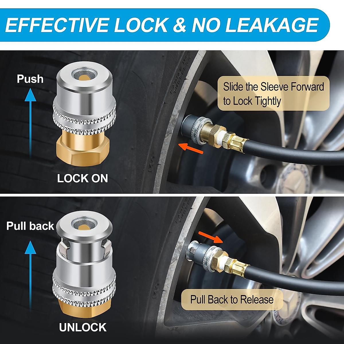 WNCGC Air Chuck,1/4 FNPT Closed Flow Brass Tire Air Chuck, Locking Air Chuck Quick Connect for Inflator Gauge Compressor Accessories (2 Pack)