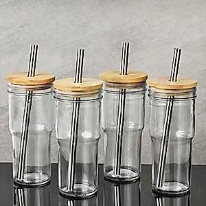 ALINK 4-Pack Glass Cups with Bamboo Lids and Straws, 24 OZ Mason Jar Glass Tumbler, Reusable Boba Cups, Iced Coffee Drinking Glasses for Bubble Tea, Smoothies, Juice - 2 Cleaning Brush