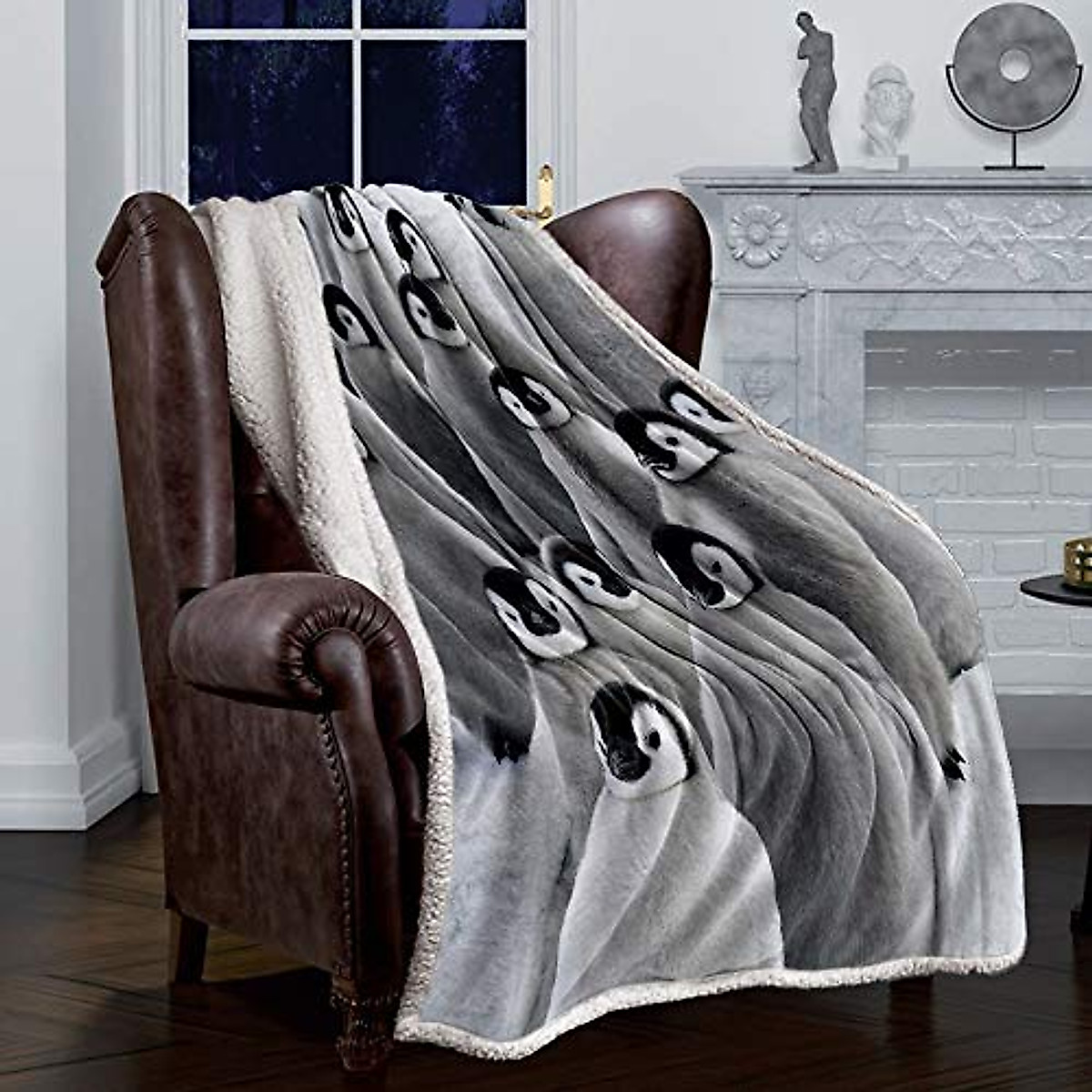 LUSWEET Sherpa Fleece Blanket,Penguins Family Cute Animals Bed Blanket Soft Cozy Luxury Blanket 40"x50",Fuzzy Thick Reversible Warm Fluffy Plush Microfiber Throw Blanket for Couch Bed Sofa