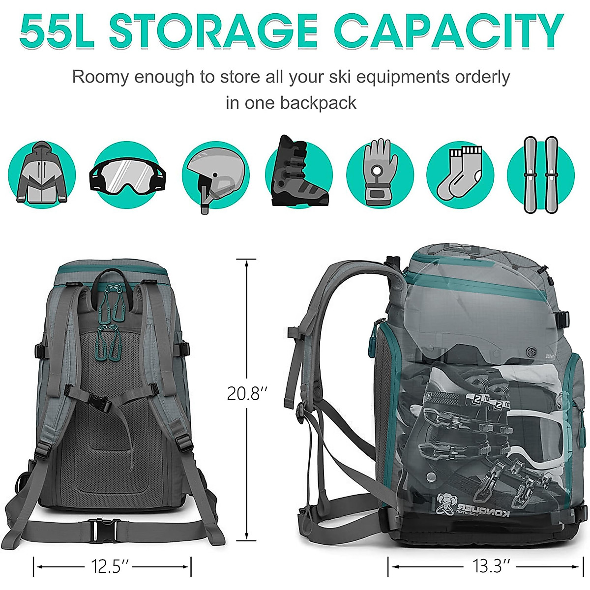 SEMSTY Ski Boot Bag, 55L Waterproof Ski and Snowboard Boots Travel Backpack for Skis, Snowboard, Ski Helmet, Goggles, Gloves & Accessories (Grey)