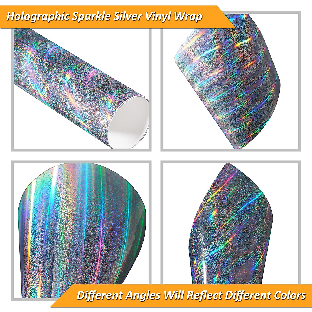 AuMoHall Holographic Sparkle Silver Car Vinyl Wrap Glitter Light Beam Glossy Colorful Chameleon Car Vinyl Wrap with Air Release Technology, 59.84'' x 11.81''