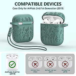 Flower Engraved Case for Apple AirPods 2nd Generation 2019, Soft Silicone Protective Case for AirPods 2nd/1st Gen Case Airpod Case with Clean Kit,Carabiner,Lanyard,Front LED Visible,Pine Green