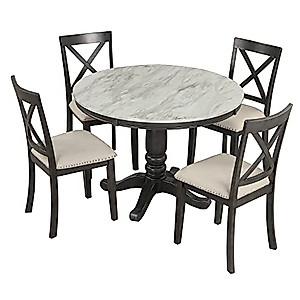 BIADNBZ Round Table Set for 4 Solid Wood Kitchen Furniture with 4 Chairs for Home/Dining Room, Grey