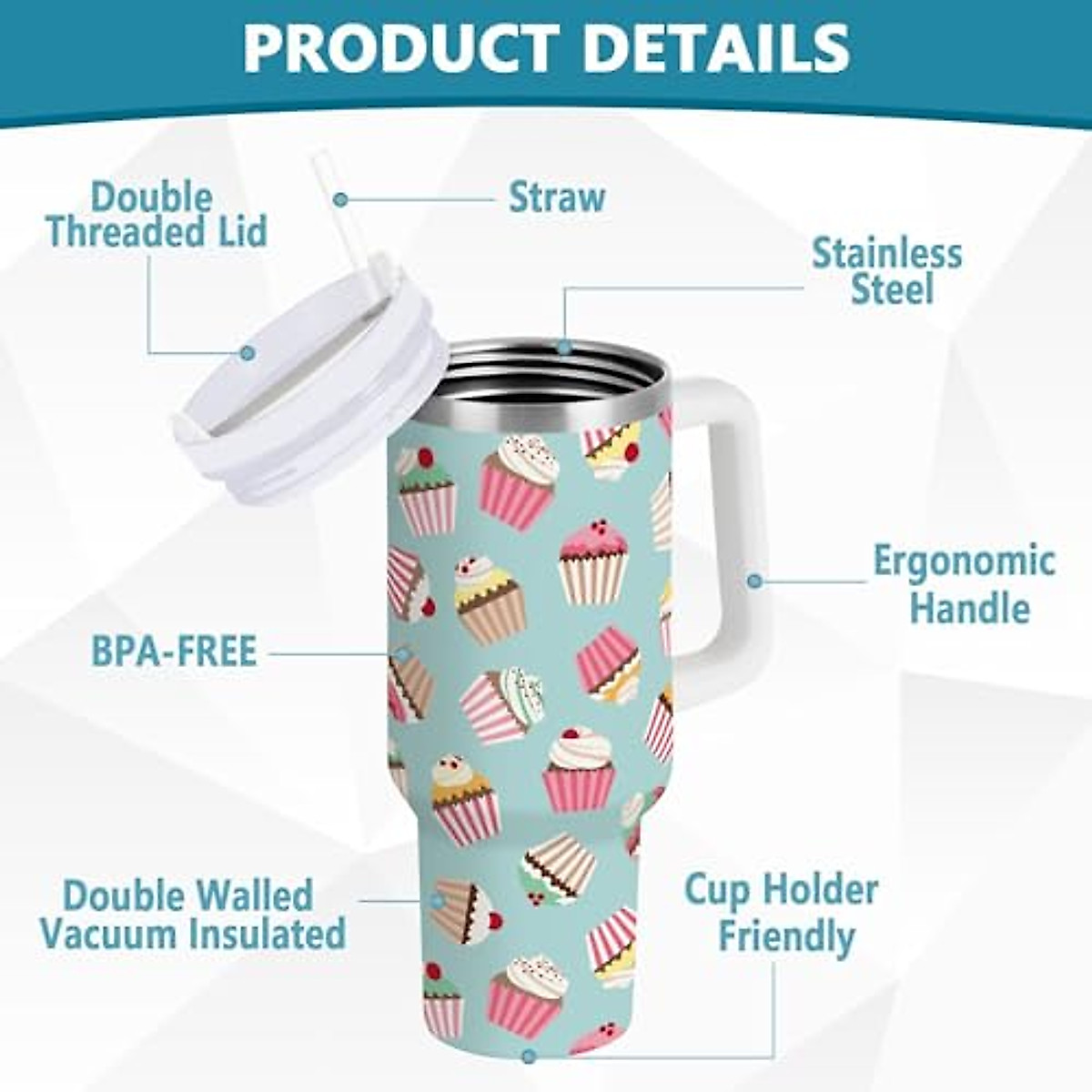 ARGTILDN 30 oz Tumbler Cupcakes Fruit Cherry Insulated Travel Mug with Handle and Straw Lid Stainless Steel Vacuum Coffee Cup Tea Beverage Container Water Bottles for Car Sports office