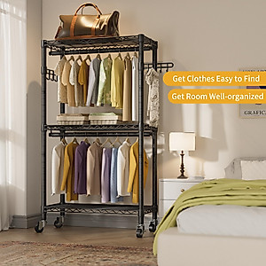 Heavy Duty Clothes Rack Rolling Garment Rack,3 Tier Adjustable Wire Shelving Clothing Racks for Hanging Clothes with Double Rods&Side Hooks,Freestanding Wardrobe Storage Rack Metal Portable Closet