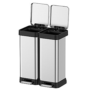 16 Gallon Dual Trash and Recycling Bin, 60L(2x30L) Fingerprint Proof Stainless Steel Kitchen Garbage Can with Double Lid, Hands-Free Step Rubbish Bin without Inner Bucket for Kitchen Home Office