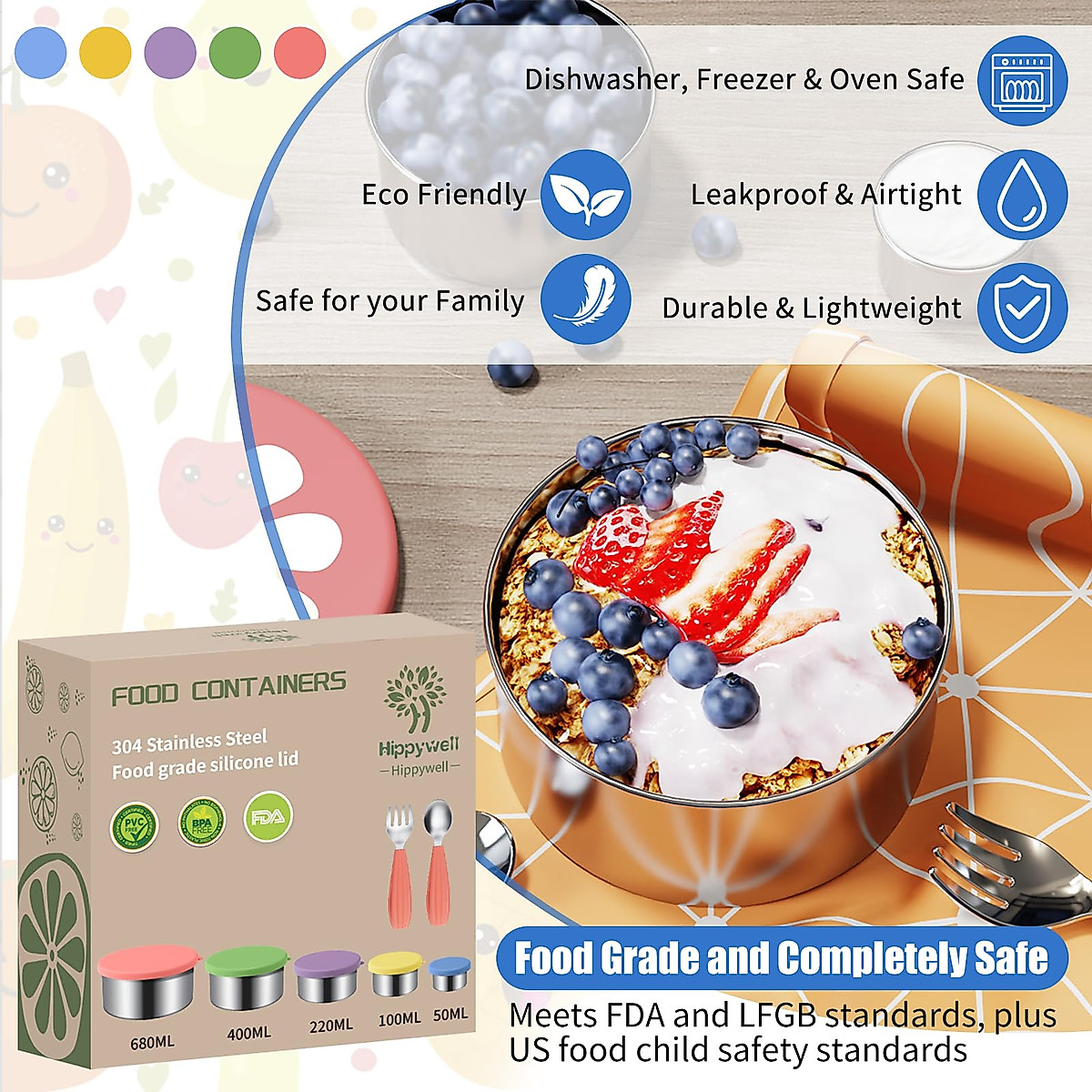 Hippywell Stainless Steel Food Containers with Silicone Lids, Leakproof Metal Lunch Box Set for Kids, Snack Boxes for Travel, 5Pcs Stainless Steel Containers, 1.7OZ up 23OZ