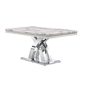 AUZ Dining Table, 65" Rectangular Modern Kitchen and Dining Room Table with Silver Double X Base in White Silver