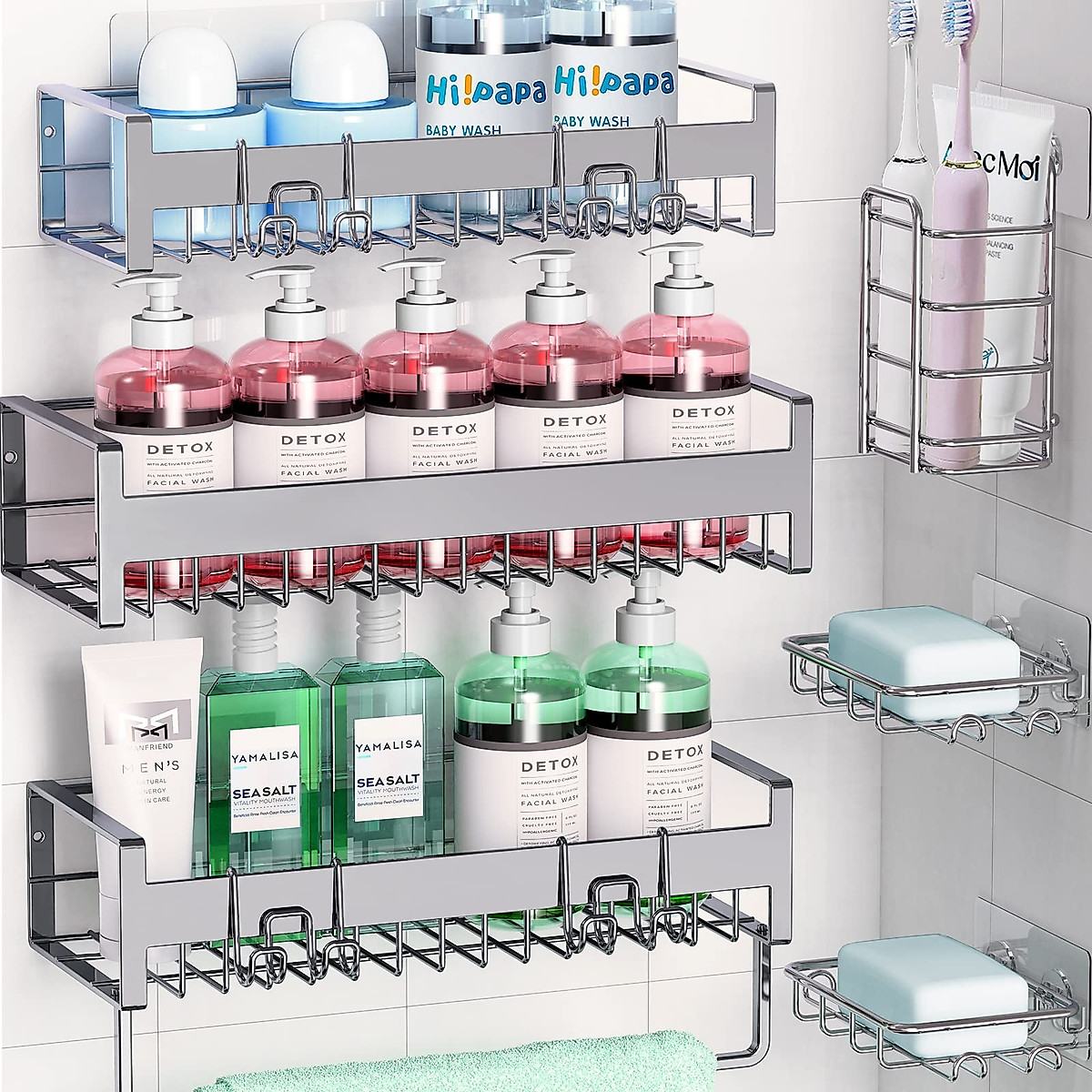 Kayfia Shower Caddy 6 Pack Large Capacity Adhesive Shower Shelves Bathroom Shower Organizer No Drilling Wall Mounted Shampoo Holder Shower Storage Rack for Inside Shower (Silver Grey)