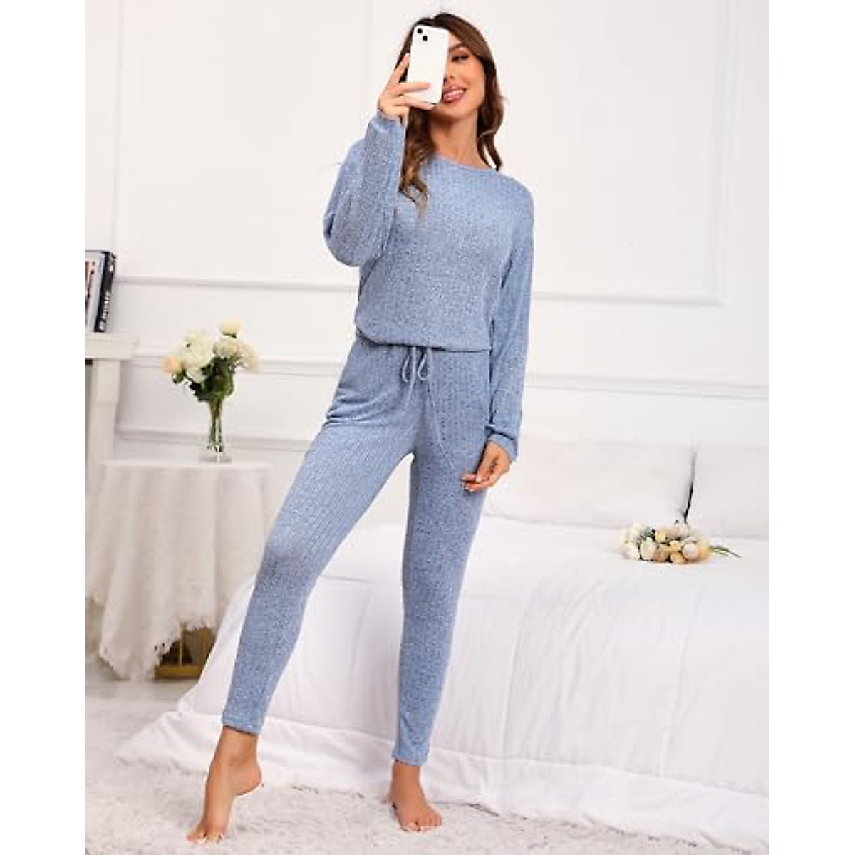 difficort Womens Pajama Sets Long Sleeve Pjs Soft Sleepwear Ribbed Knit Lounge Set with Pockets,K-Light Blue,Small