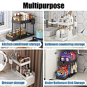 2 PACK Under Kitchen Sink Organizers and Storage, 2 Tier Under Sink Organizer for Bathroom Cabinet, Undersink Organizer Sliding Drawer with Hooks, Hanging Cup for Narrow Space By SMATHOM, White