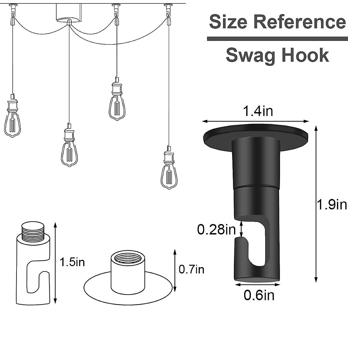 AKBFOX 6pcs Swag Hooks for Ceiling Hanging, Heavy Duty Hangers, Swag Lamp Hooks, Modern Swag Hooks for Chandelier, String light, Lanterns, Pendant Cable Lights Indoor Outdoor Use (Black)