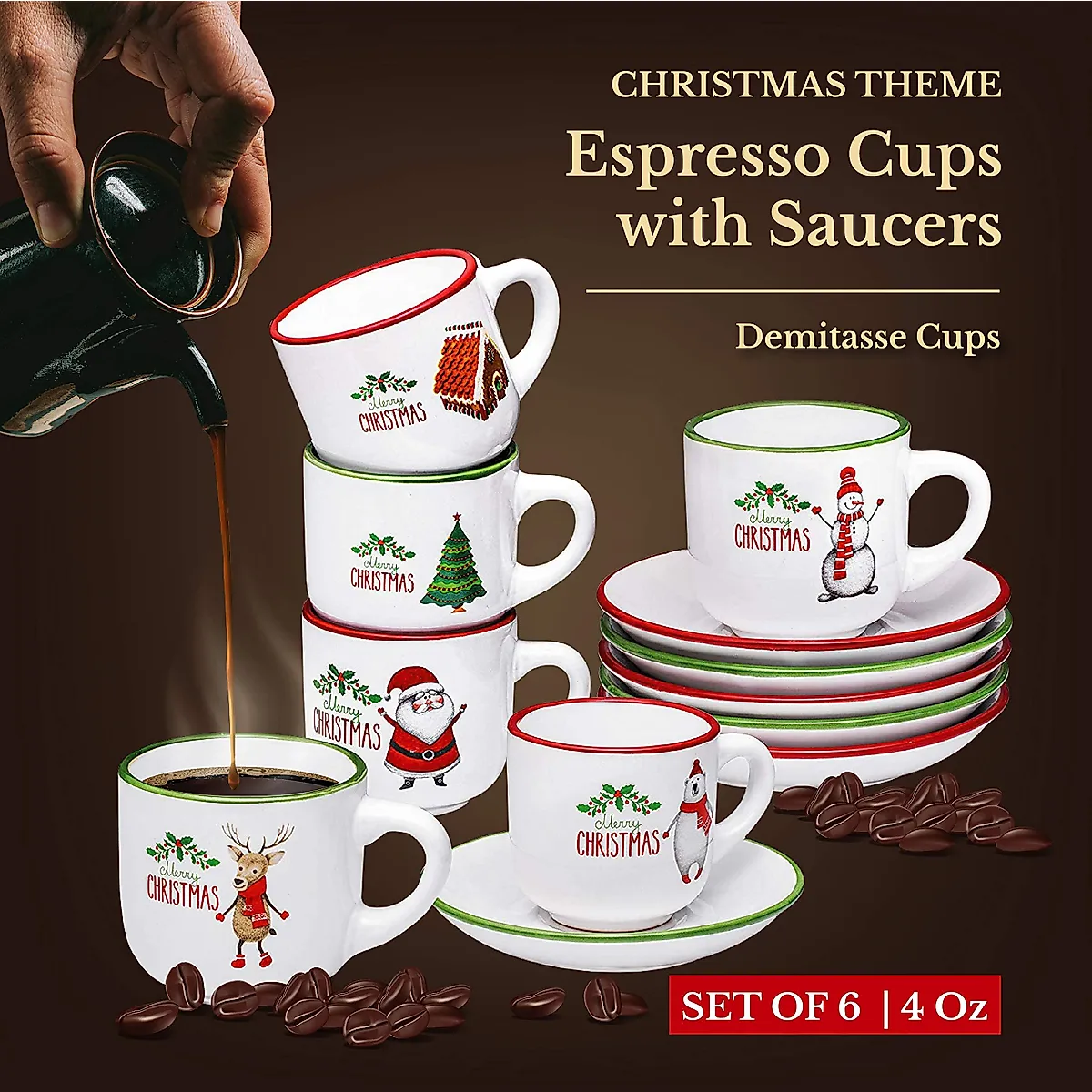 Bruntmor Gift Choice: Espresso Cups And Saucers Set Of 4. Small 4 Ounce Stackable Espresso Cups With Rack. Stacking Espresso Coffee Cup Of 4. Theme, 4 Oz