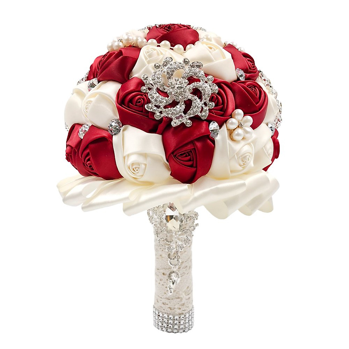Abbie Home 8 Inches Bride Wedding Bouquet in Burgundy - White Satin Roses with Pearls Rhinestone Brooches Accessories (Burgundy&White)