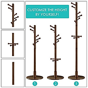 Vlush Sturdy Wooden Coat Rack Stand, Entryway Hall Tree Coat Tree with Solid Round Base for Hat,Clothes,Purse,Scarves,Handbags,Umbrella-(Dark Brown, 11 Hooks)