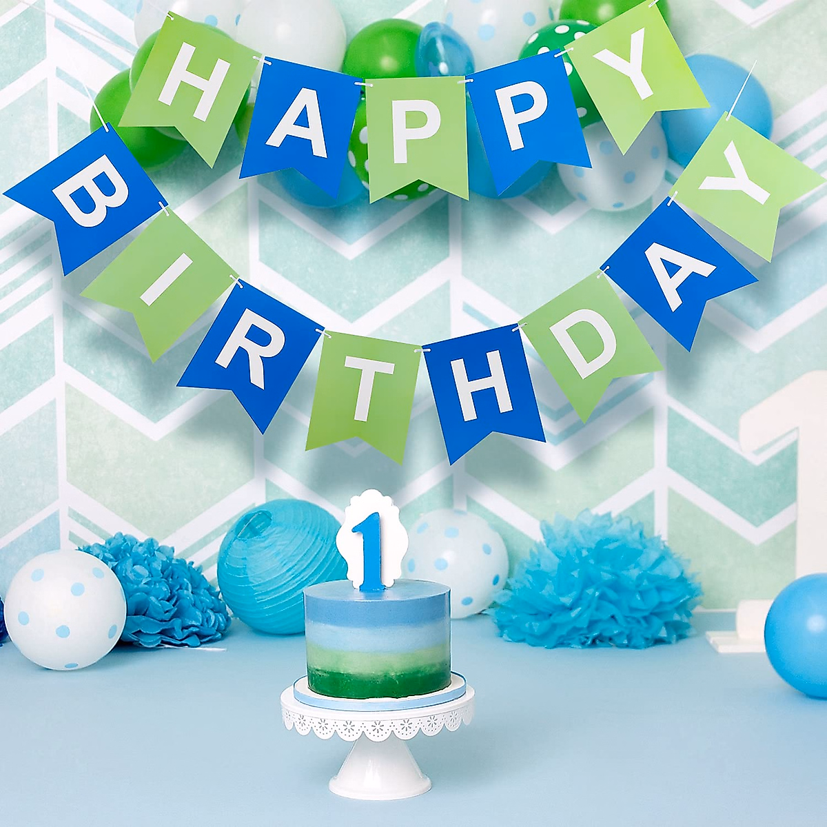 LITAUS, Green Blue Happy Birthday Banner - Pre-Strung, 9 ft, No DIY | Birthday Decorations | Happy Birthday Sign for Birthday Decor, Backdrop | Birthday Banner for Women, Men