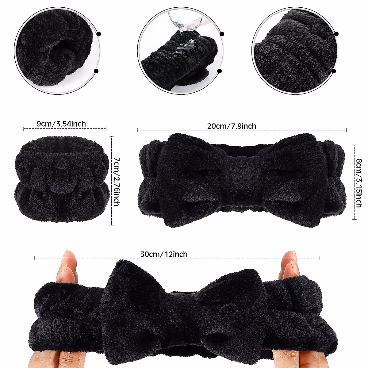 Hanaive 3 Pcs Face Wash Headband Wristband Set for Women Spa Bow Skincare Headband Soft Makeup Wrist Towel for Washing Face Hair Supplies(Black)
