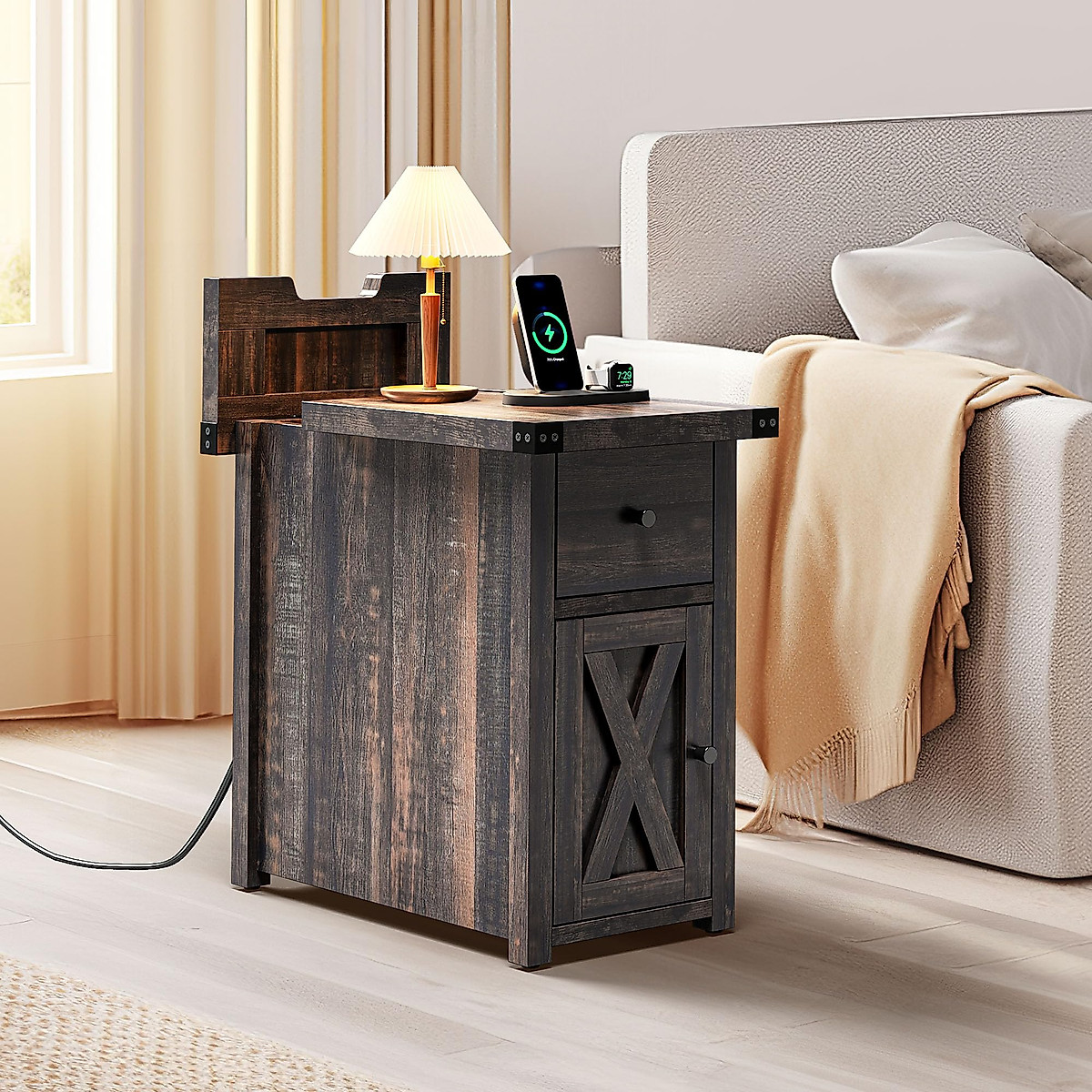 YITAHOME End Table with Charging Station, Narrow Side Table with USB Ports and Outlets, Nightstand with Drawer and Storage Cabinet for Living Room, Bedroom, Dark Rustic Oak
