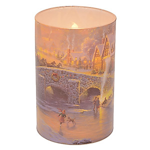 Mark Feldstein & Associates Thomas Kinkade Spirit of Christmas Flameless LED Glass Pillar Candle, 4 x 6 Inch