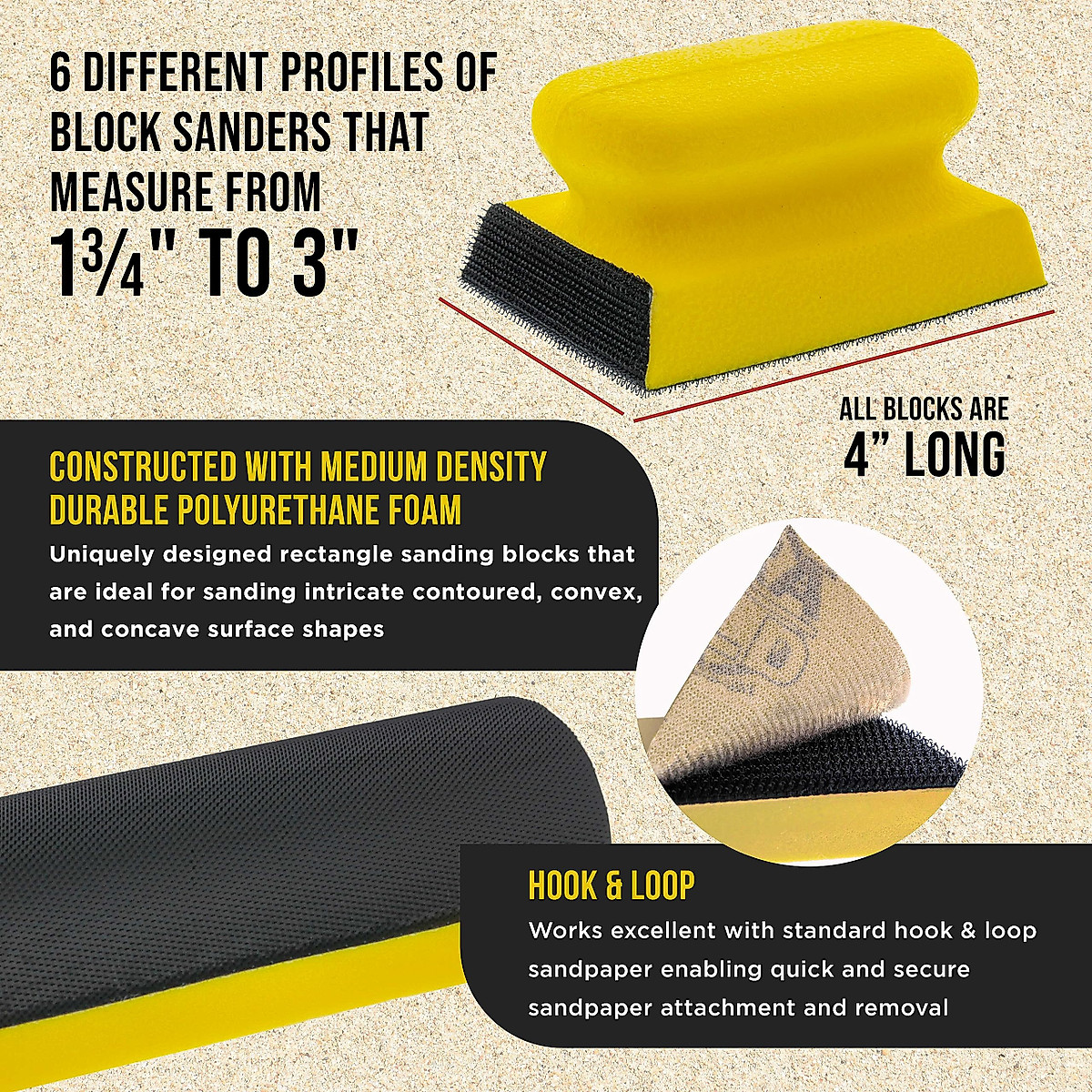 Dura-Gold 20-Piece Contoured Profile 5" Hand Sanding Block Set with 40 Sheet Hook & Loop Sandpaper Kit - Interchangeable Assorted Convex & Concave Shapes - Sand Wood Woodworking Furniture, Auto Paint