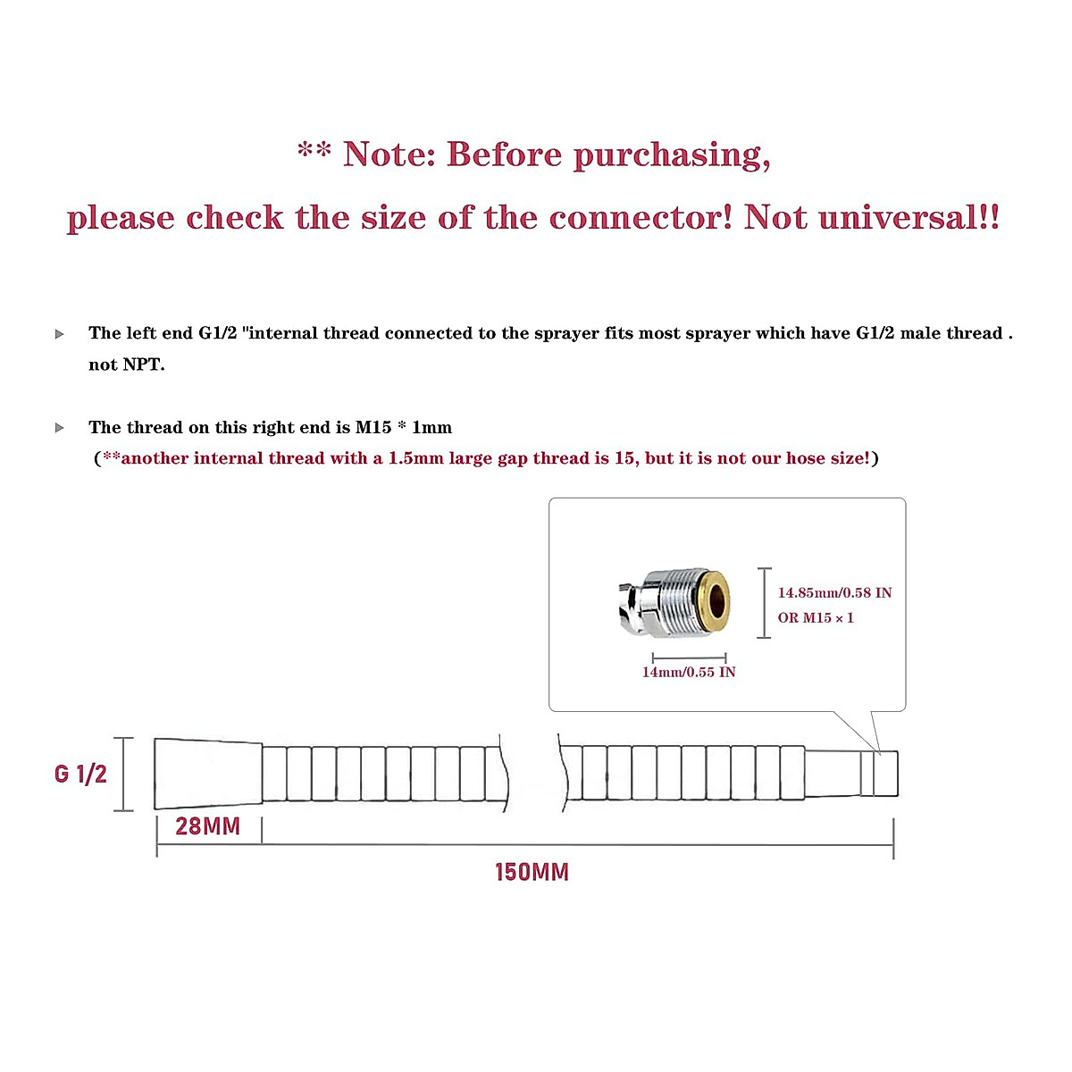 Spray Hose for Kitchen Faucets, Pull Down Replacement, Kitchen Sink Faucet Pull-Out Spray Replacement Hose， 59-inch Chrome Finish