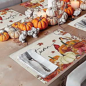 Fall Placemats Pumpkin Cardinals Maple Leaves Floral Paddy Autumn Harvest Placemats Set of 4 for Seasonal Home Kitchen Dining Table Party Decor 12 x 16 Inch