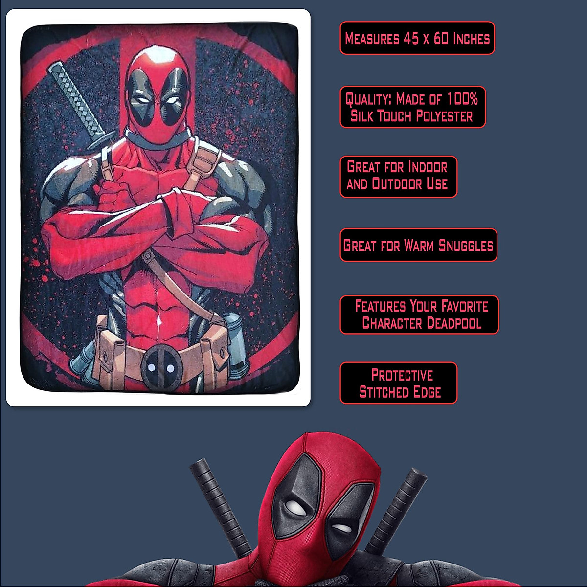 Bazillion Dreams Marvel Deadpool Tough Guy Fleece Softest Comfy Throw Blanket for Adults & Kids| Measures 60 x 45 Inches