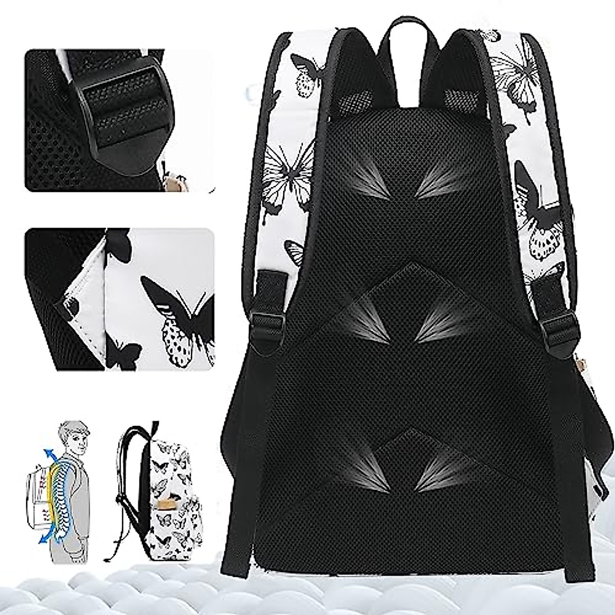 School Backpack Teen Girls Lightweight College Waterproof School Laptop Casual Backpack (Black Butterfly)