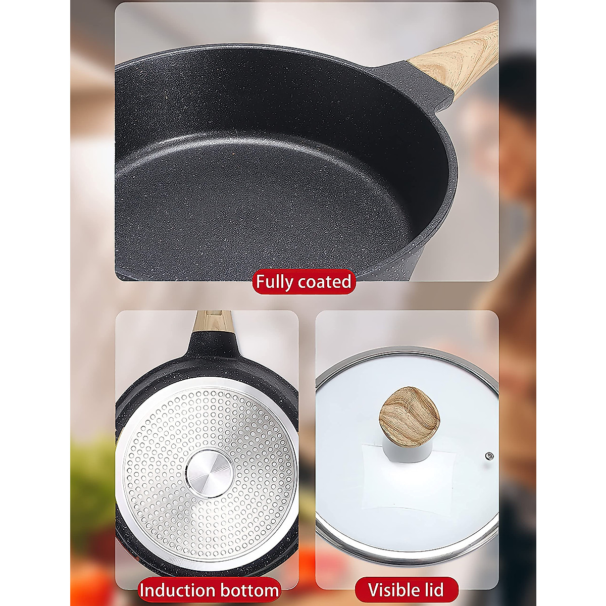 TAMASAKI 11 Inch Nonstick Medical Stone Skillet No Fumes Frying Pan Household Nonstick Cookware Stone-Derived Coating with Glass Lid Black