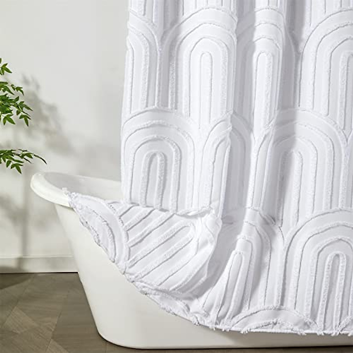 Estmy Boho White Tufted Shower Curtain Sets with Hooks, Simple Modern Chic Cute Rainbow Shape Chenille Stripe Cotton Fabric Shower Curtain Bathroom Decor, Heavy Duty/Water Repellent/Washable