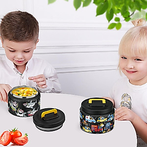 PIQUEBAR 8oz Kids Thermo for Hot Food,Small Lunch Thermos Food Container Stainless Steel,Easy Open Wide Mouth Thermo for Hot Cold Food for Preschool Travel (Black Animal Truck)