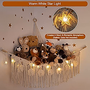 Macrame Stuffed Animal Toy Net Hammock with Star Light, Small Plushies Boho Storage for Nursery Room, Large Corner Wall Hanging Organizer for Kids, Bohemian Woven Decor Display Holder for Girls Boy