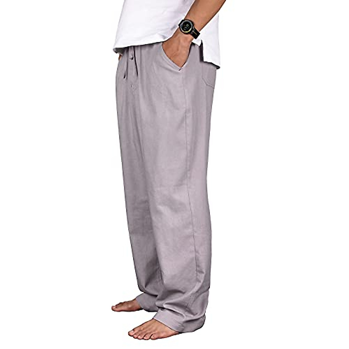 Men's Drawstring Loose Linen Beach Pants Lightweight Elastic Waist Yoga Lounge Cotton Trousers Pajamas (Grey, Large)