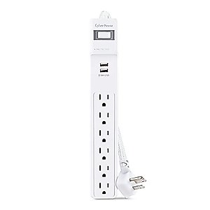 CyberPower P606URC2 Surge Protector, 500J/125V, 15A, 6 Outlets, 2 USB Charging Ports, 6 Foot Cord, White