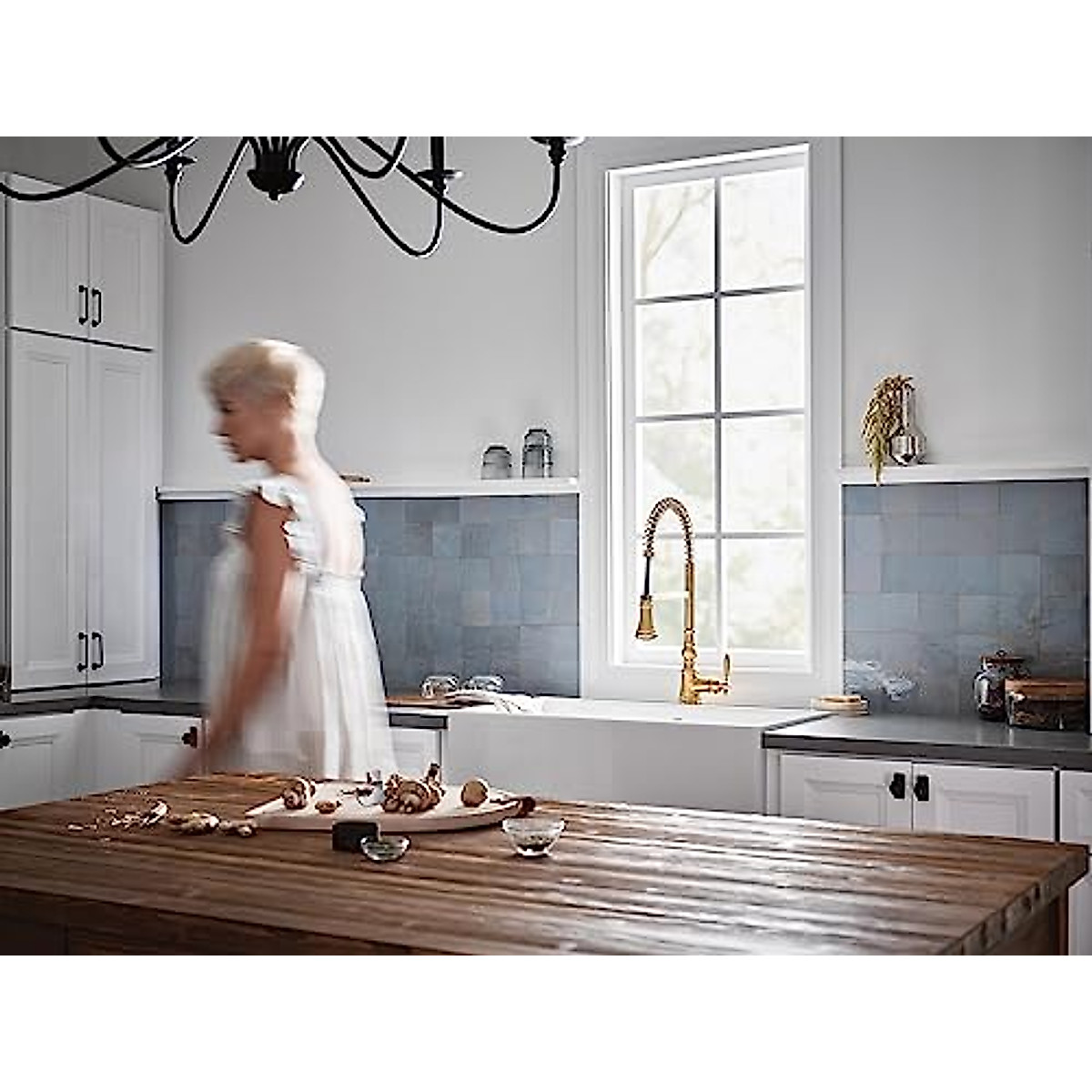 Moen WeymouthBrushed Gold One Handle Pre-Rinse Spring Farmhouse Pulldown Kitchen Faucet with Power Boost for a Faster Clean, S73104BG