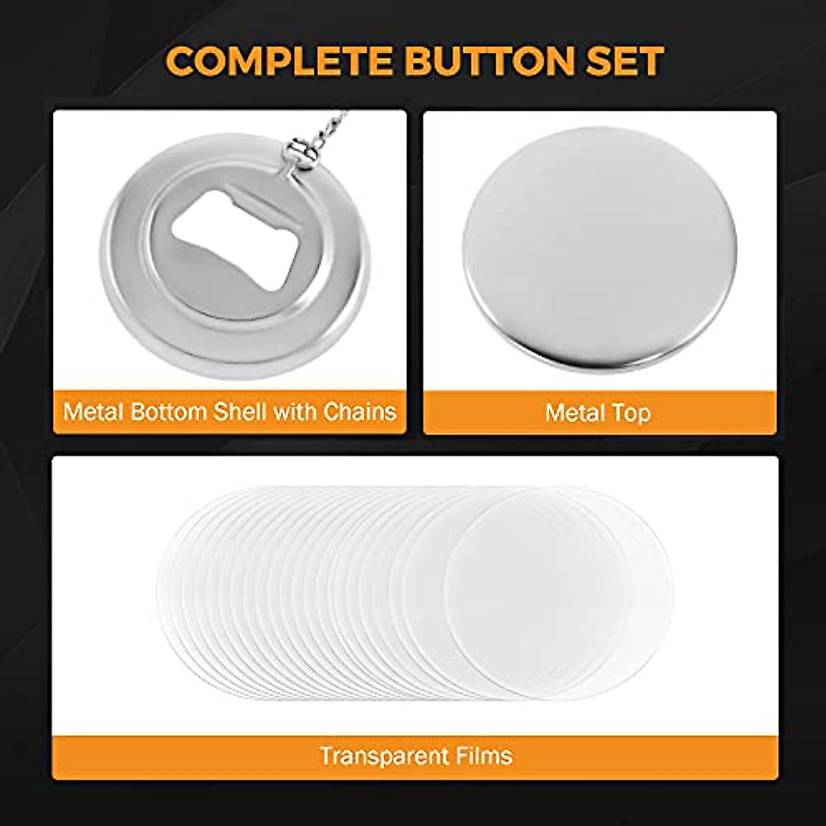 BEAMNOVA Metal Button Parts Supplies 100 Set of 58mm / 2.28 in (2-1/4 inch) Keychain Bottle Opener for Button Maker Machine, Every Set Includes Metal Bottom, Top, Chain & Plastic Film