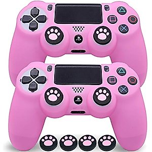 Sofunii 2pcs Skin for PS4 Controller, Anti-Slip Silicone Cover Shell Case with 8 Thumb Grip Caps, Compatible with PlaySation 4 Slim/Pro Controller DualShock 4 Wireless/Wired Gamepad (Pink)