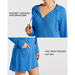 Willit Women's Long Sleeve Cotton Swim Cover Up UPF 50+ SPF Dress Hooded with Pockets Sun Protection Beach Coverup Brilliant Blue M