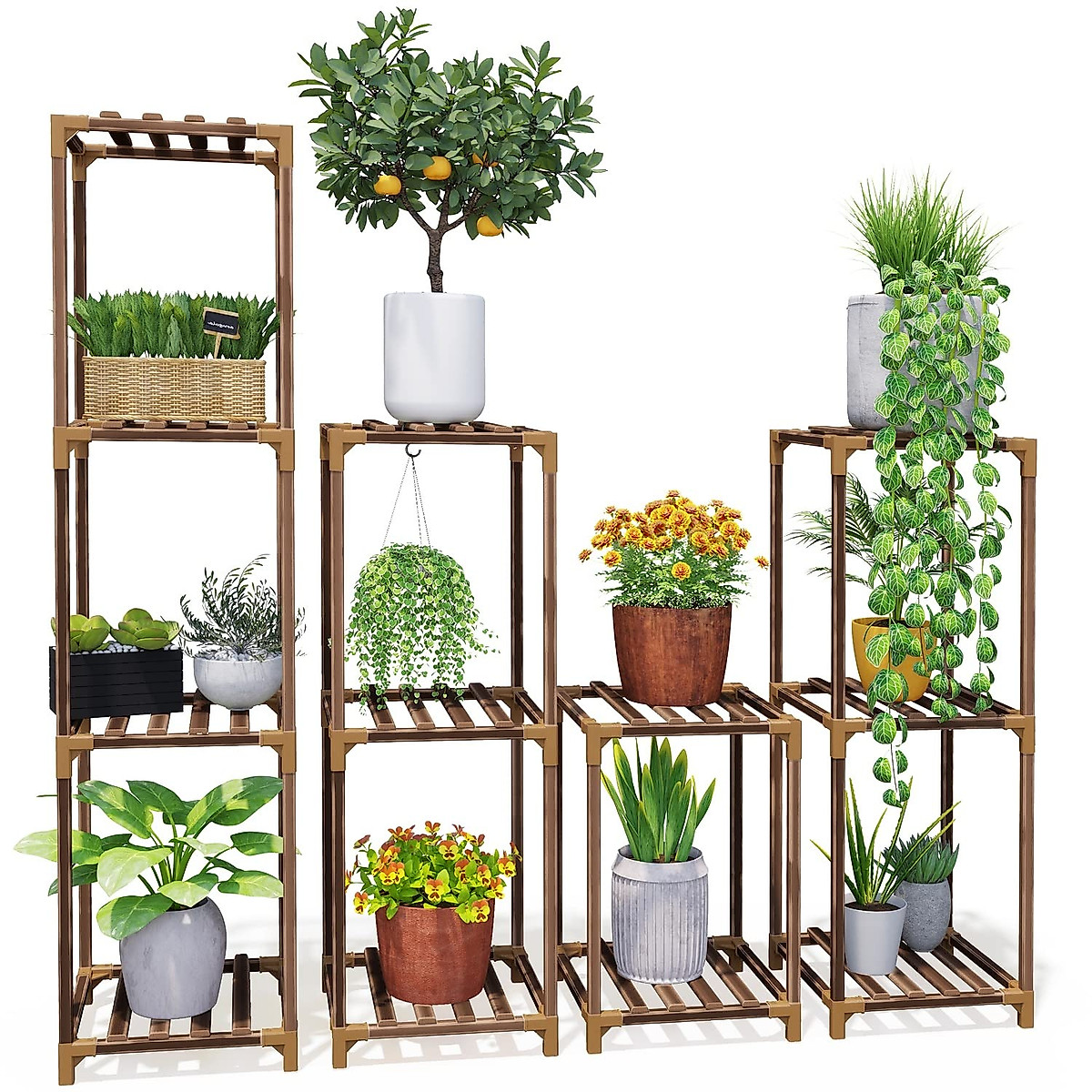 4 Pack Plant Stands Indoor, Flexible Combination Outdoor Wood Plant Stands for Multiple Plants, Plant Shelf Ladder Table Plant Pot Stand for Living Room, Patio, Balcony, Gardening Gift