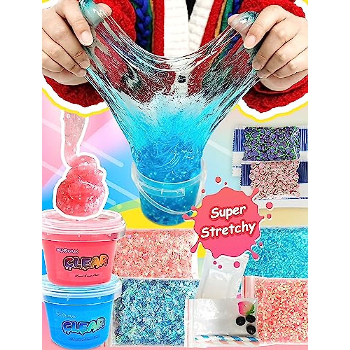 20 FL OZ Premade Slime, 2 Pack Big Slime Bucket with Jelly Cube, Glimmer Crunchy Slime Stretchy and Non-Sticky, Slime Kits Include 10 Sets Add-ins, Party Favors for Kids, Sensory Toy Stress Relief