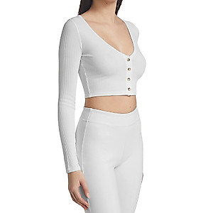 Santch Cropped Long Sleeve Workout Yoga Tops Ribbed Athletic Sport Shirt Tennis Tops Gym Tops for Women White M